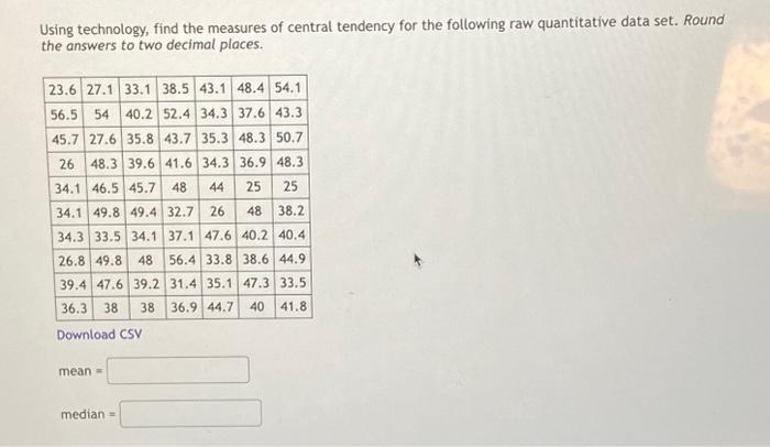 Solved Using technology, find the measures of central | Chegg.com