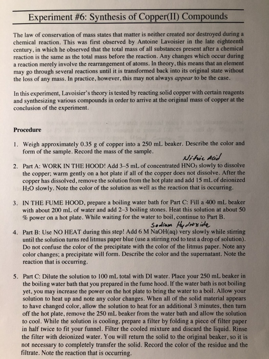 Solved Experiment #6: Synthesis of Copper(II) Compounds The | Chegg.com