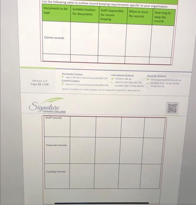 Solved Use the following table to outline record keeping | Chegg.com