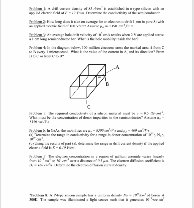 Solved Problem 1: A drift current density of 85 A/chi is | Chegg.com