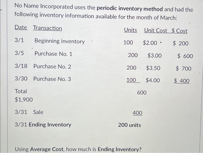 Solved No Name Incorporated uses the periodic inventory | Chegg.com