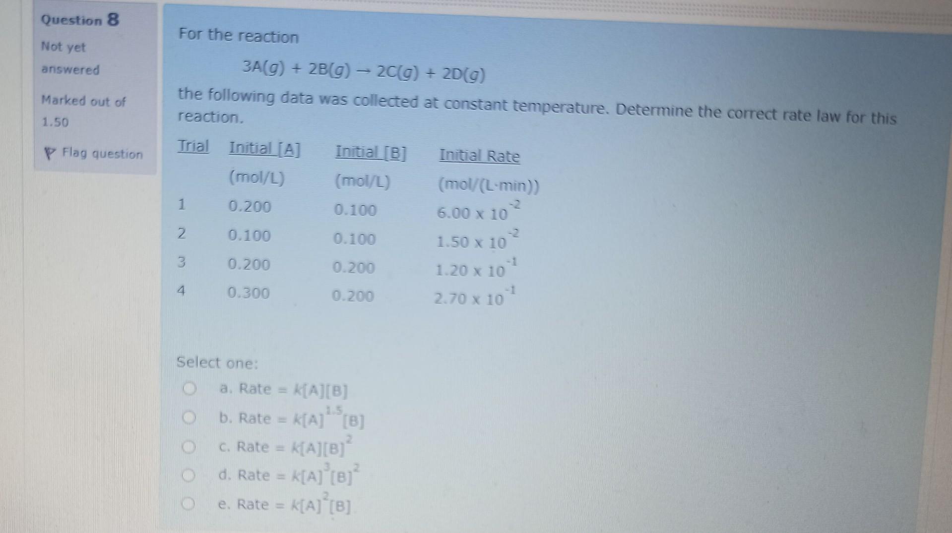 Solved Question 8 For the reaction Not yet answered 3A(g) + | Chegg.com