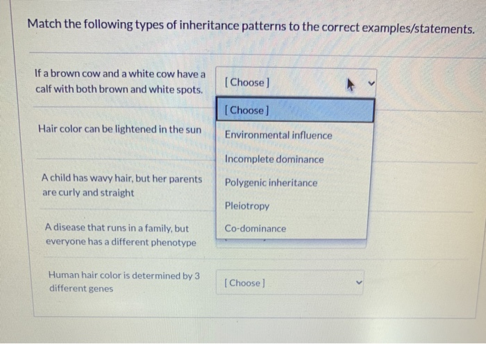 Solved Match the following types of inheritance patterns to | Chegg.com