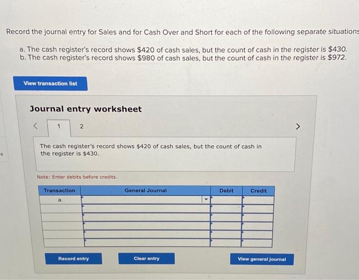 Solved Record the journal entry for Sales and for Cash Over | Chegg.com