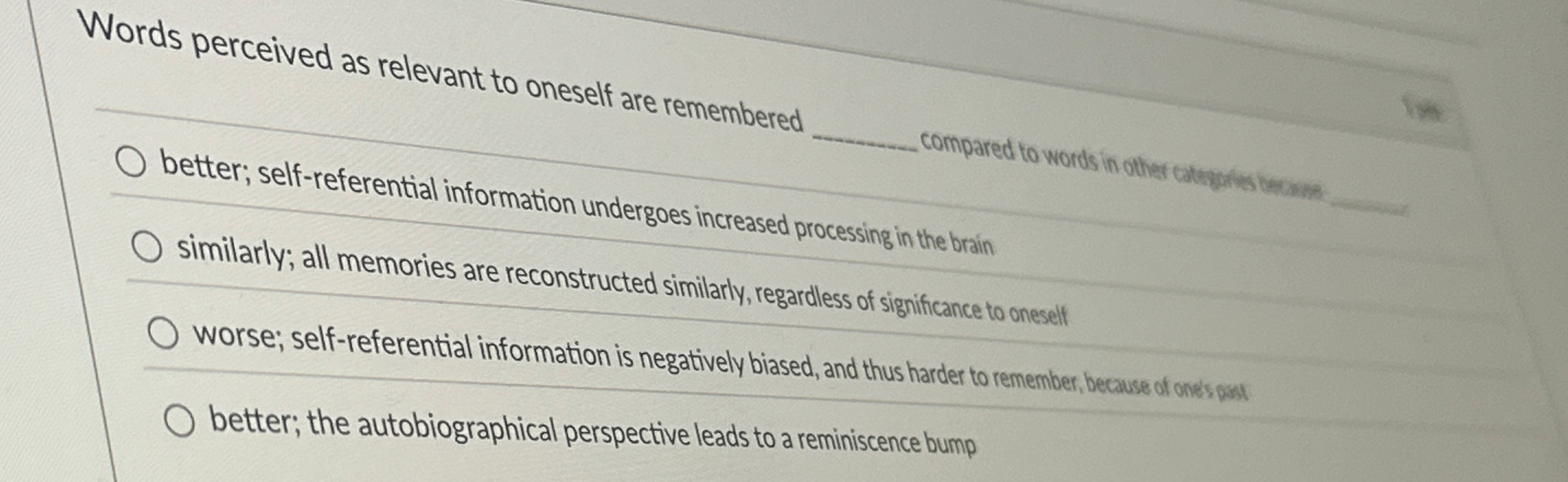 Solved Words perceived as relevant to oneself are remembered | Chegg.com