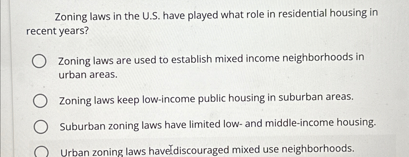 Solved Zoning laws in the U.S. ﻿have played what role in | Chegg.com