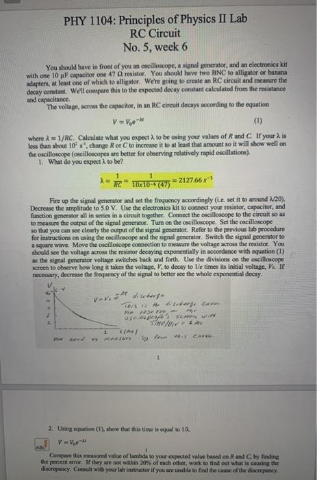 Solved PHY 1104: Principles of Physics II Lab RC Circuit No. | Chegg.com