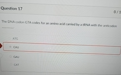 Solved Question 1701The DNA codon GTA codes for an amino | Chegg.com
