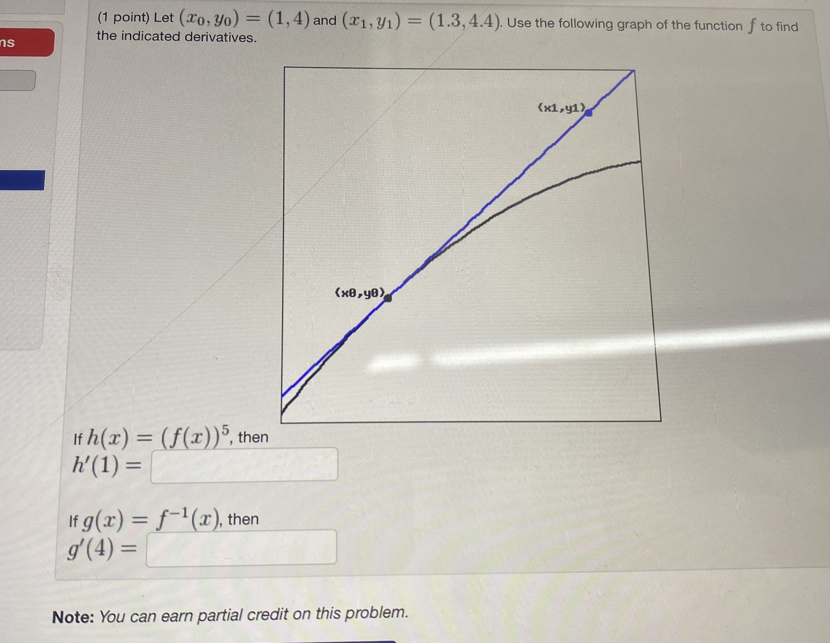 (1 ﻿point) ﻿Let (x0,y0)=(1,4) ﻿and (x1,y1)=(1.3,4.4). | Chegg.com