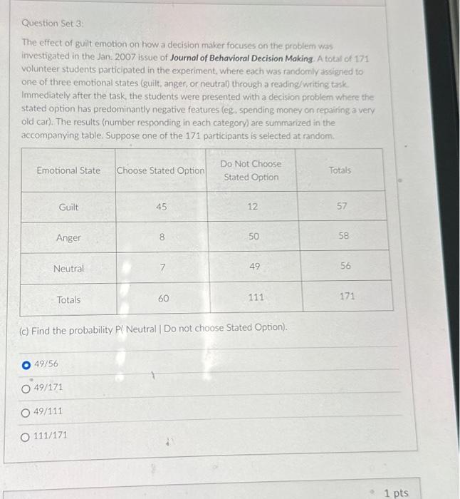 Solved Question Set 3: The effect of guilt emotion on how a | Chegg.com