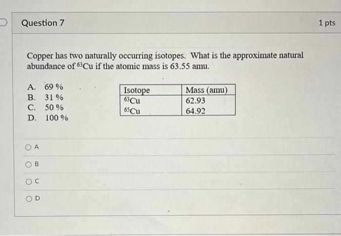 Solved Question 7 1 pts Copper has two naturally occurring | Chegg.com