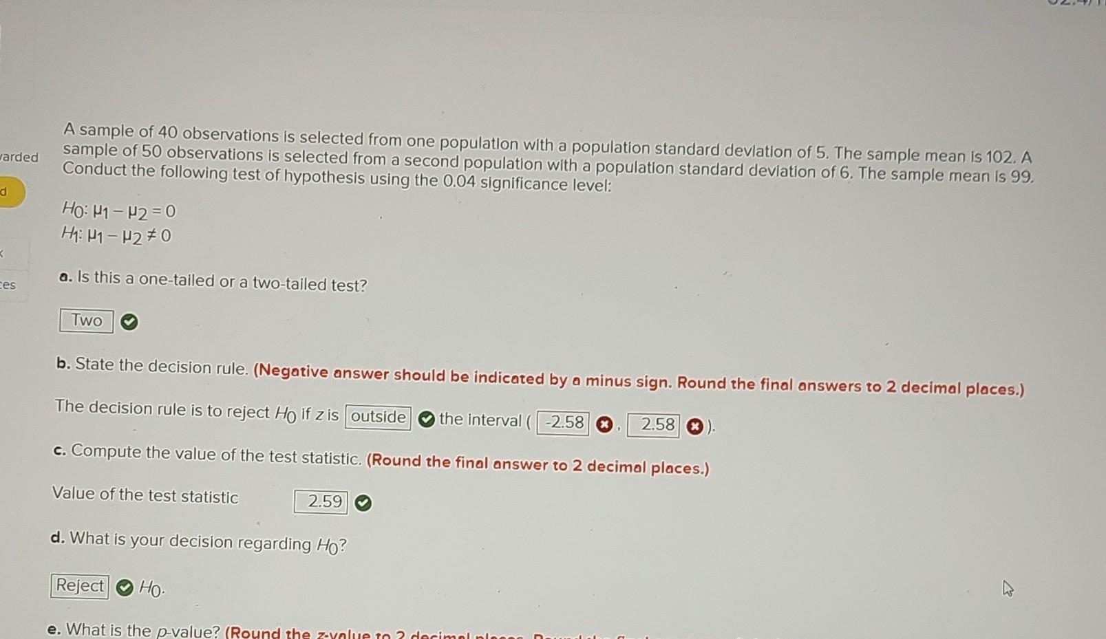 Solved A sample of 40 observations is selected from one | Chegg.com