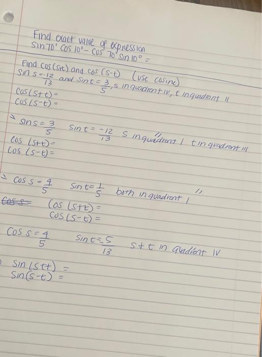 Solved Find exact value of expression Sin 70' Cos 10" - COS' | Chegg.com