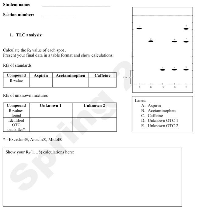 Student name: Section number: 1. TLC analysis: | Chegg.com