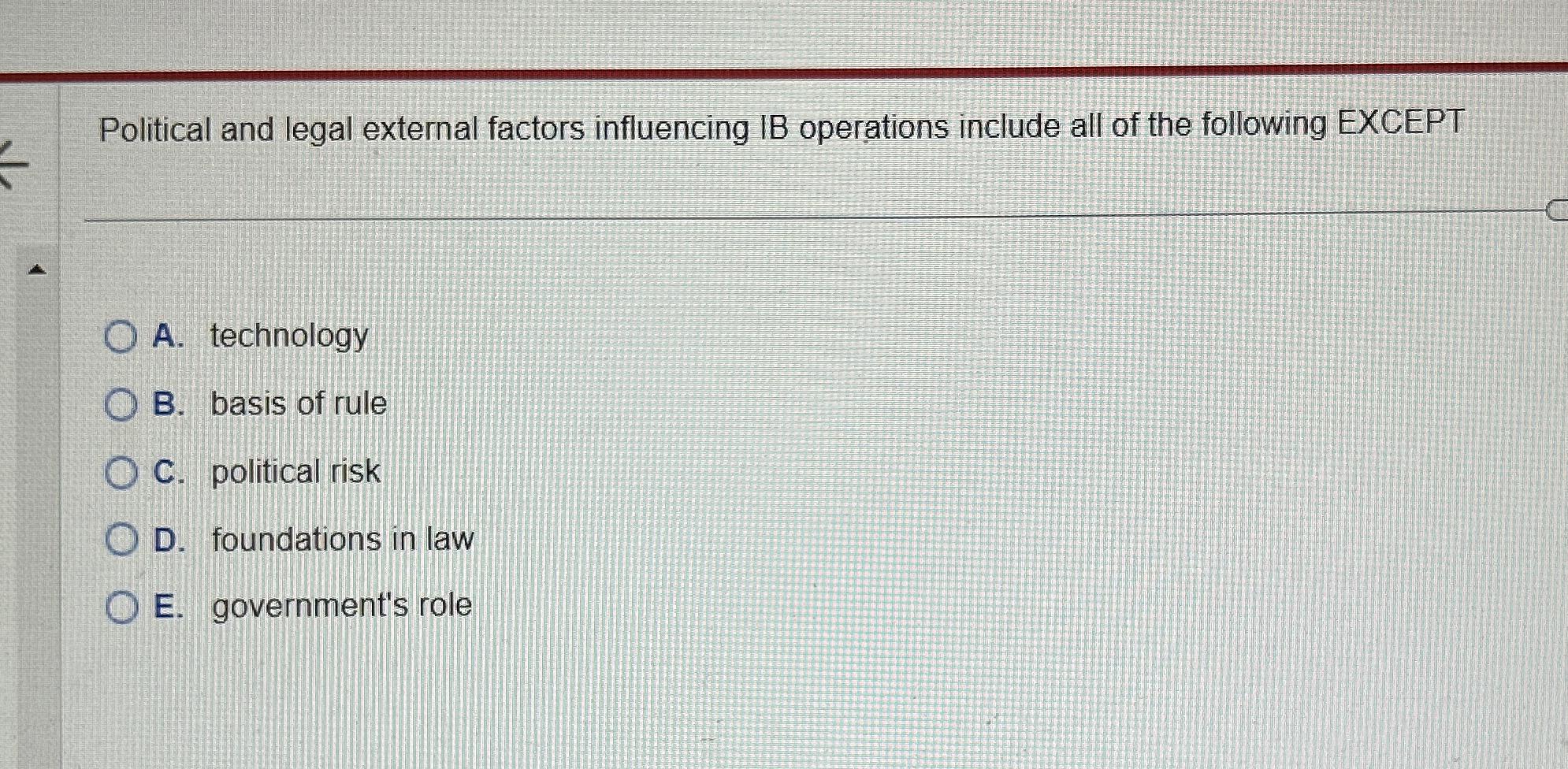 Solved Political and legal external factors influencing IB | Chegg.com