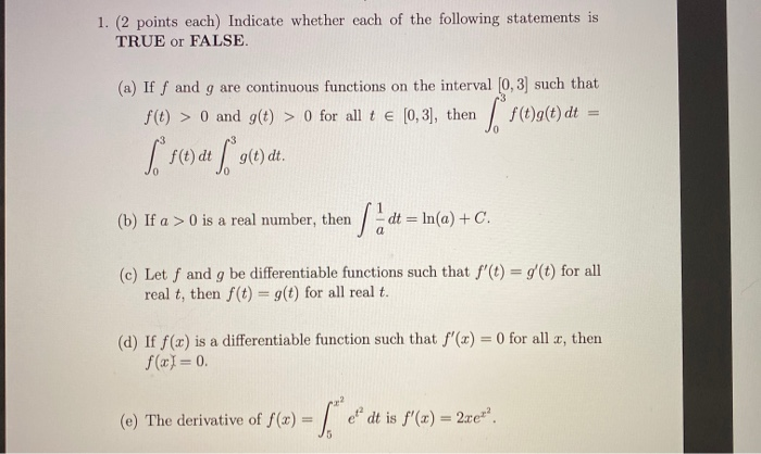 Solved 1. (2 points each) Indicate whether each of the | Chegg.com