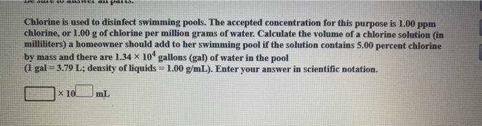 Solved Chlorine is used to disinfect swimming pools. The | Chegg.com