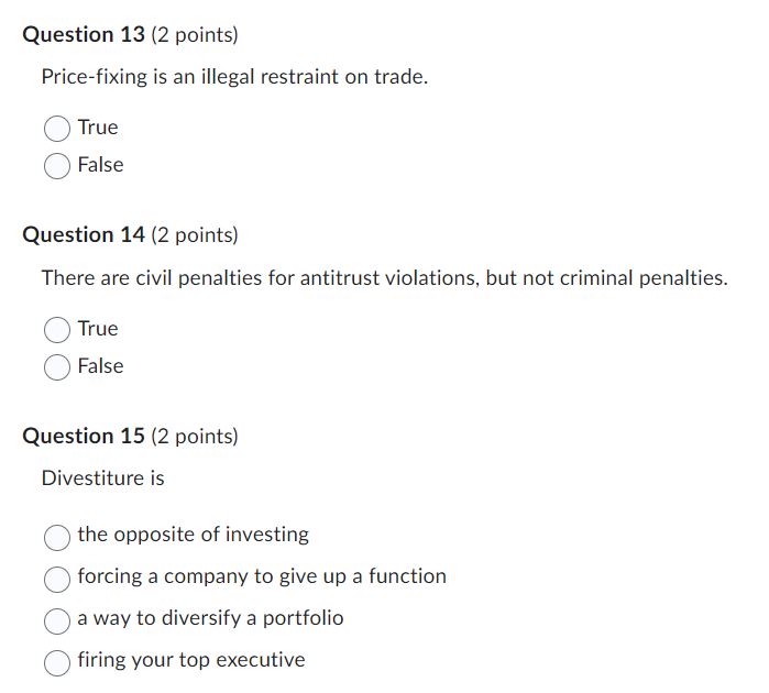 Solved Question 13 (2 points)Price-fixing is an illegal | Chegg.com Solved Question 13 (2 points)Price-fixing is an illegal | Chegg.com