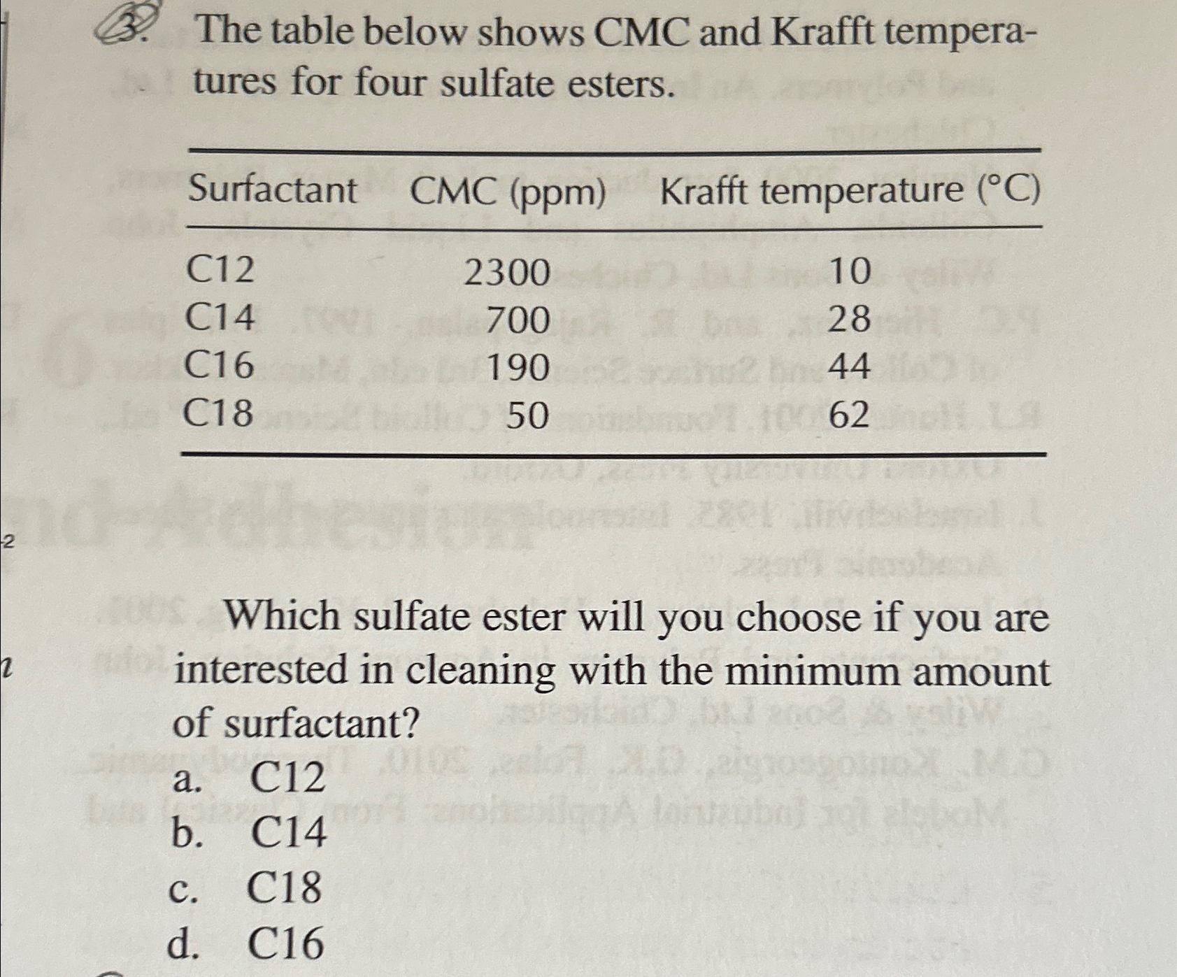Solved The table below shows CMC and Krafft temperatures for | Chegg.com