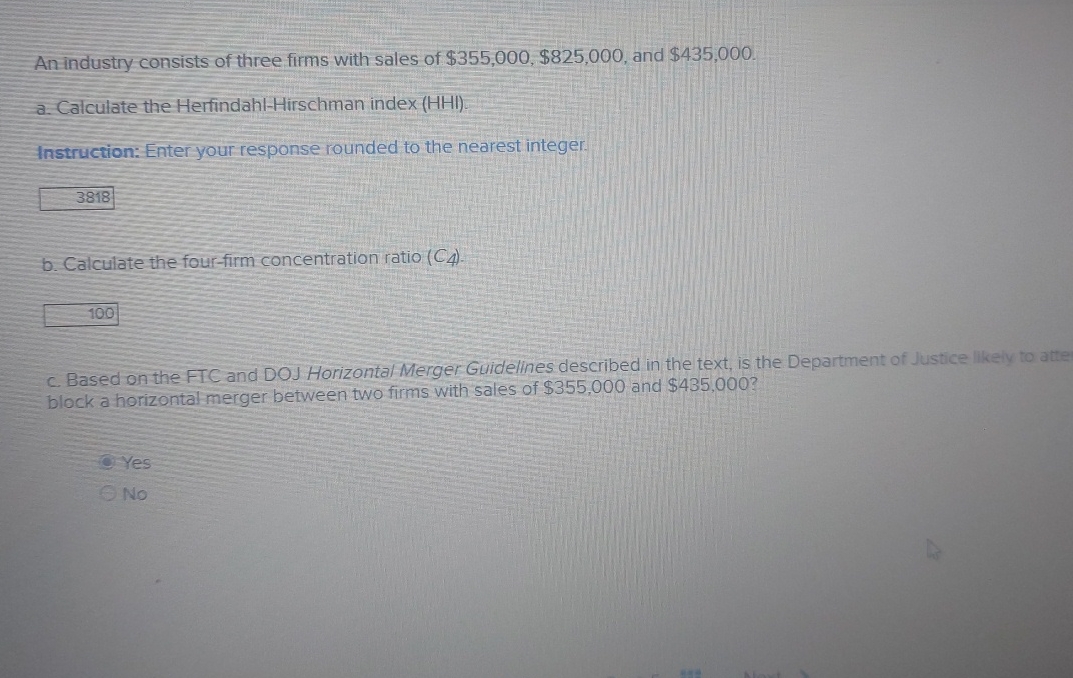 Solved An industry consists of three firms with sales of | Chegg.com