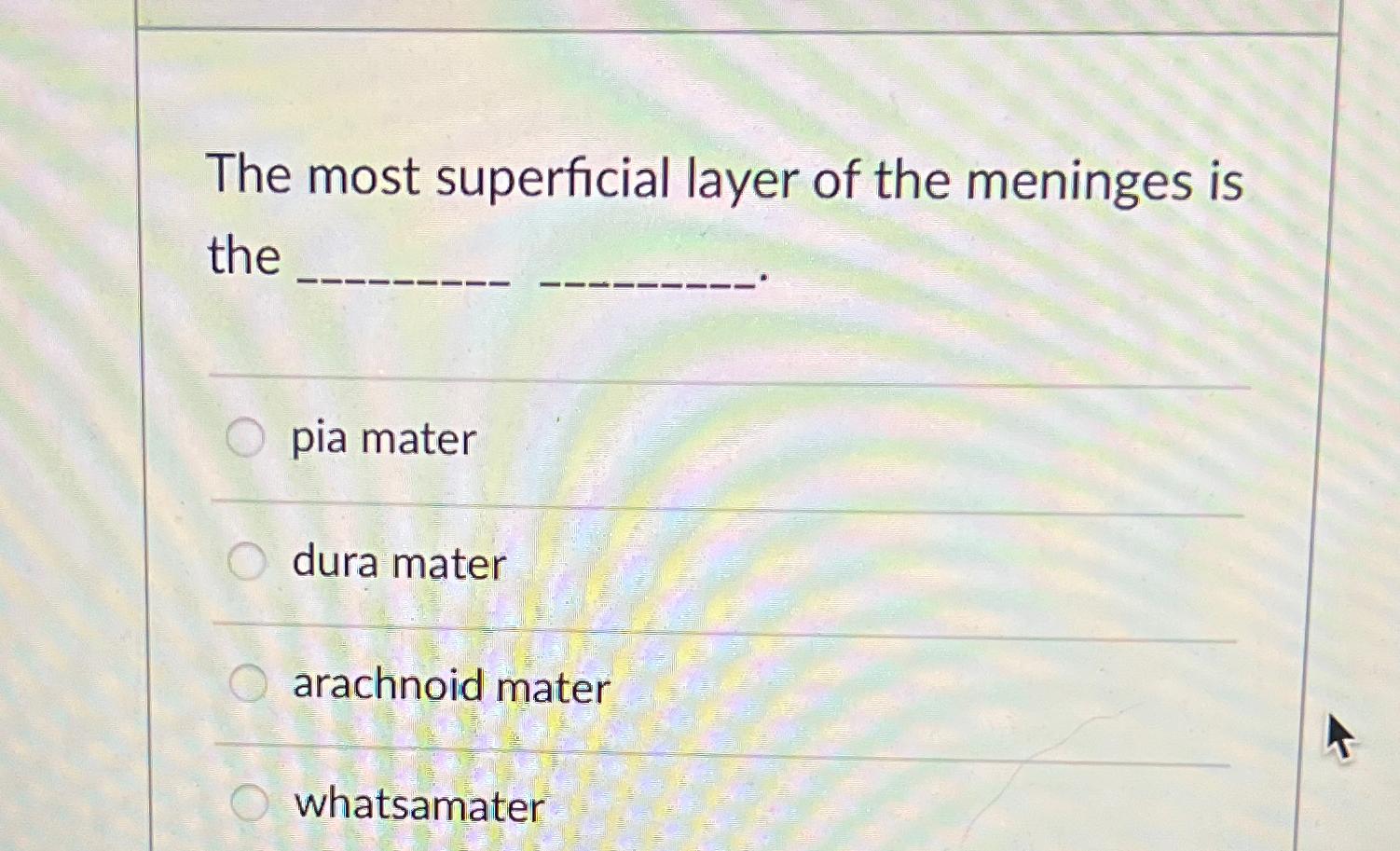 Solved The most superficial layer of the meninges is thepia | Chegg.com