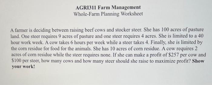 Solved AGRI311 Farm Management Whole-Farm Planning Worksheet | Chegg.com