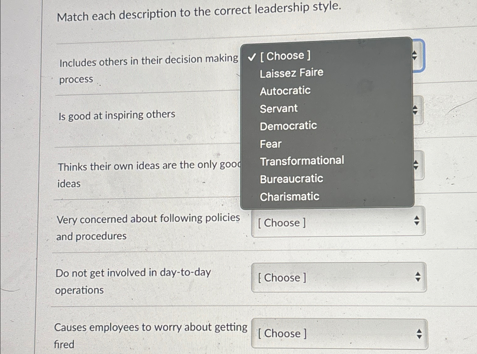 Solved Match each description to the correct leadership | Chegg.com
