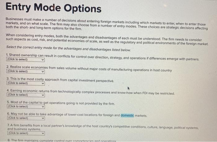 Solved Entry Mode Options Businesses must make a number of | Chegg.com