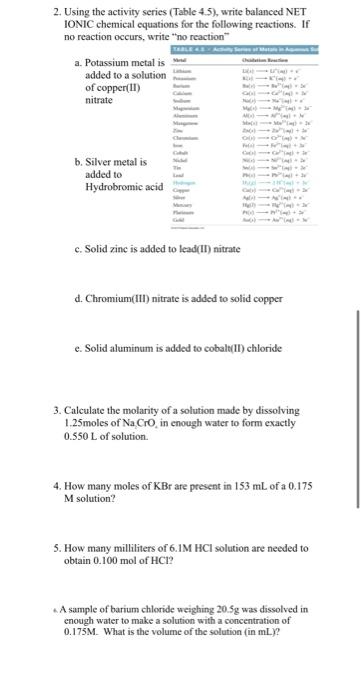 Solved 2. Using the activity series (Table 4.5), write | Chegg.com