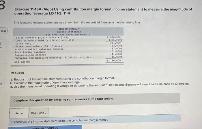 Solved Exercise 11-15A (Algo) Using contribution margin | Chegg.com