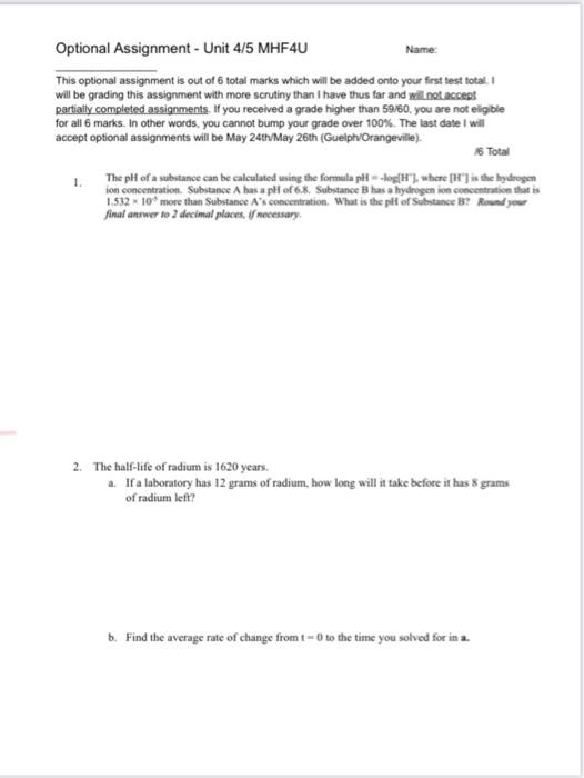 Solved Optional Assignment - Unit 4/5 MHF4U Name: This | Chegg.com