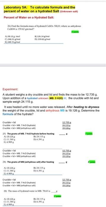 Solved Laboratory 5A: To calculate formula and the percent | Chegg.com