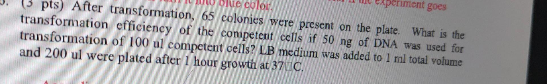 Solved (3 pts) After transformation, 65 colonies were | Chegg.com