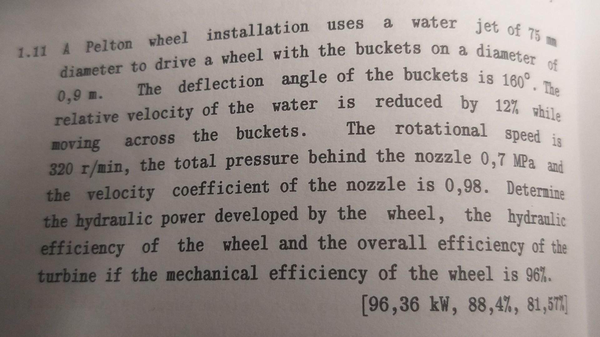 Solved 1.11 A Pelton wheel installation uses a water jet of | Chegg.com