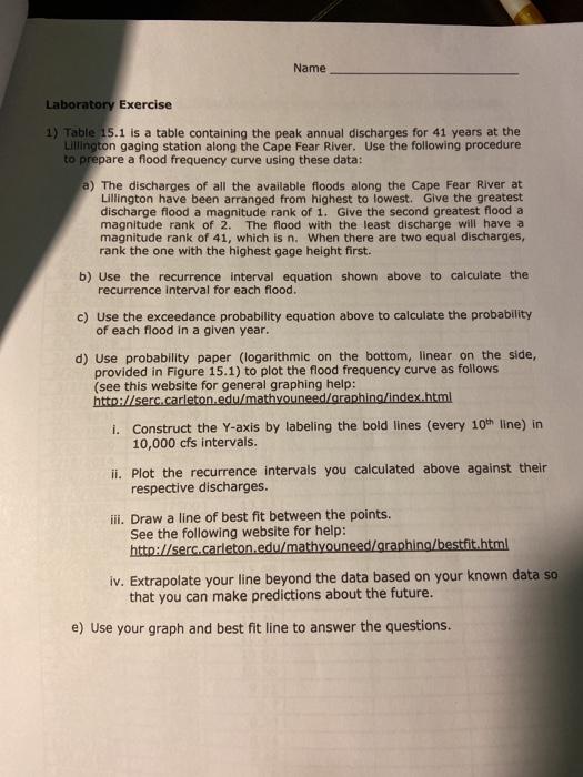 Solved Laboratory 15 Flood Frequency Exercise Recurrence | Chegg.com