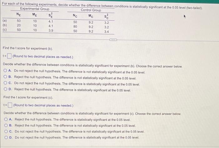 Solved For each of the following experiments, decide whether | Chegg.com