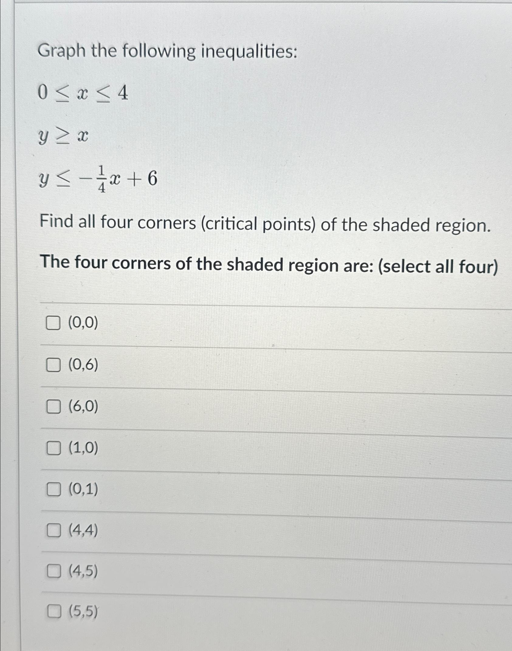 Solved Graph the following inequalities:0≤x≤4y≥xy≤-14x+6Find | Chegg.com