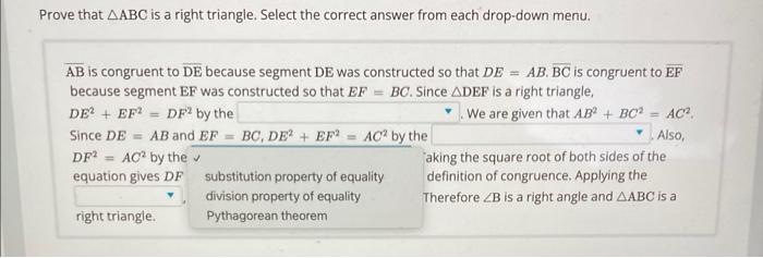 Solved Prove that ABC is a right triangle. Select the | Chegg.com