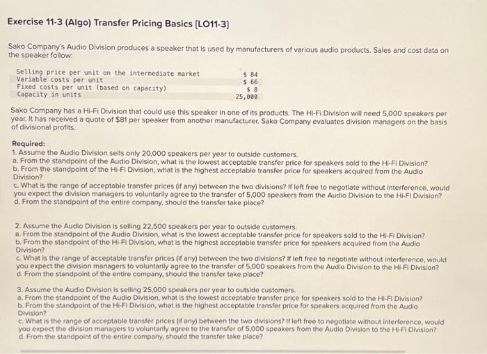 Solved Exercise 11-3 (Algo) Transfer Pricing Basics [LO11-3] | Chegg.com