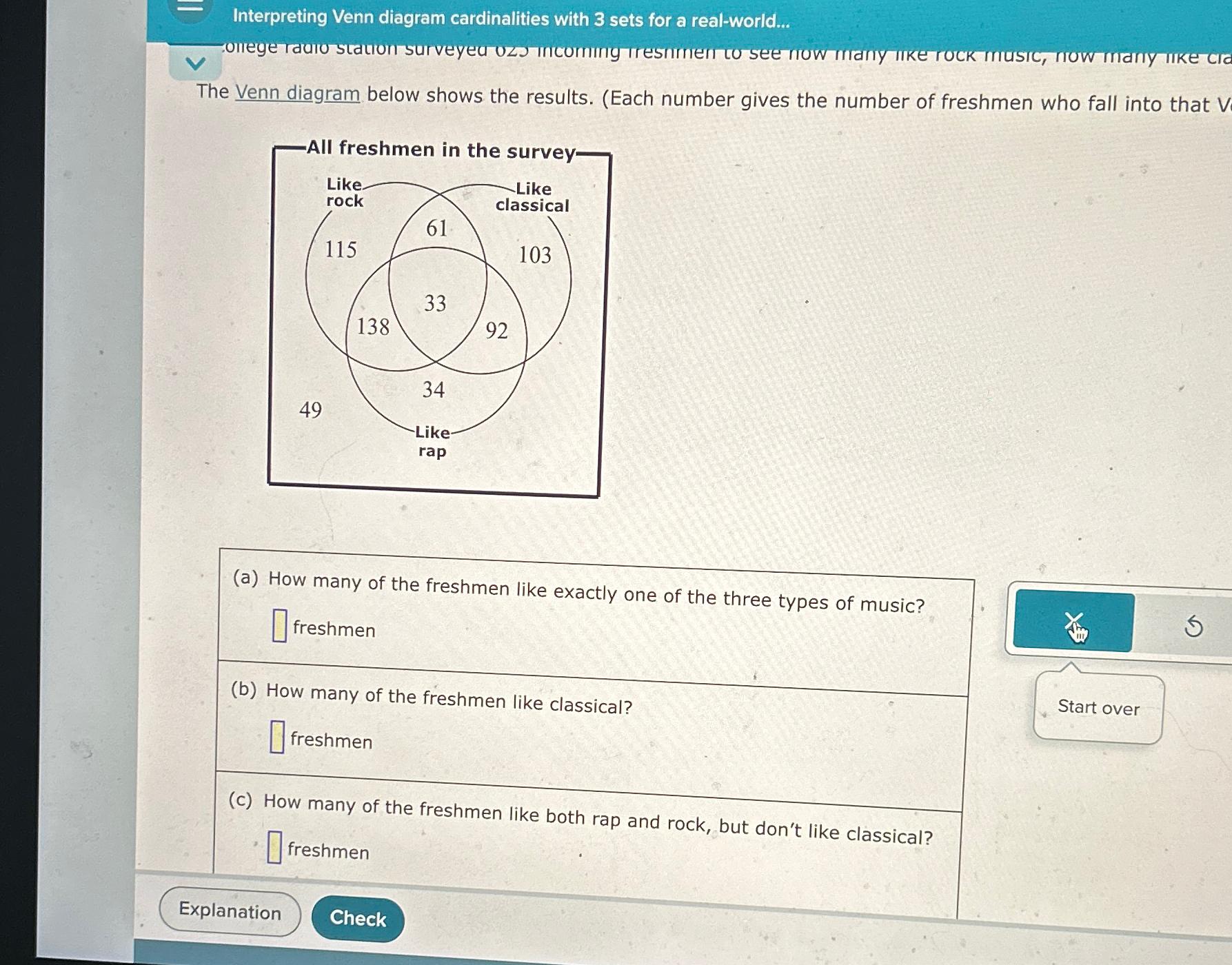 Solved Interpreting Venn diagram cardinalities with 3 ﻿sets | Chegg.com