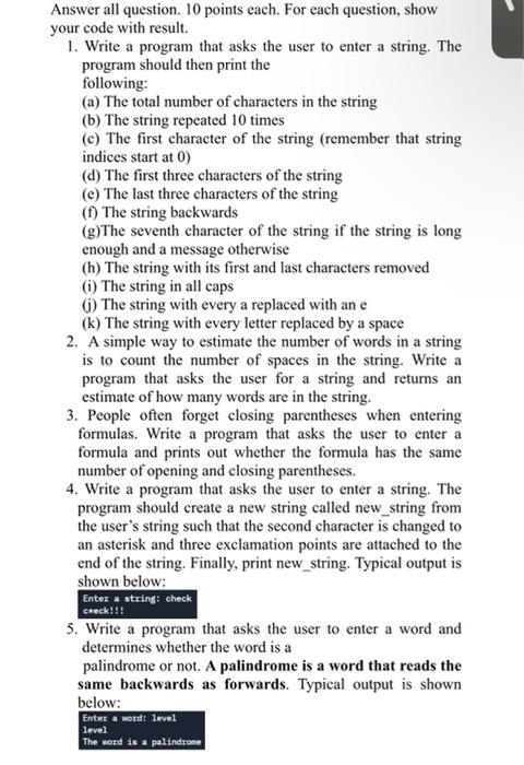 Solved Answer all question. 10 points each. For each | Chegg.com