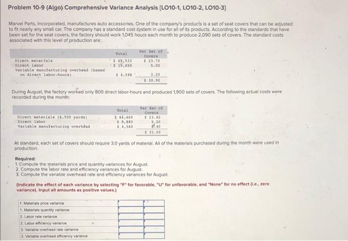 Solved Problem 10-9 (Algo) Comprehensive Variance Analysis | Chegg.com