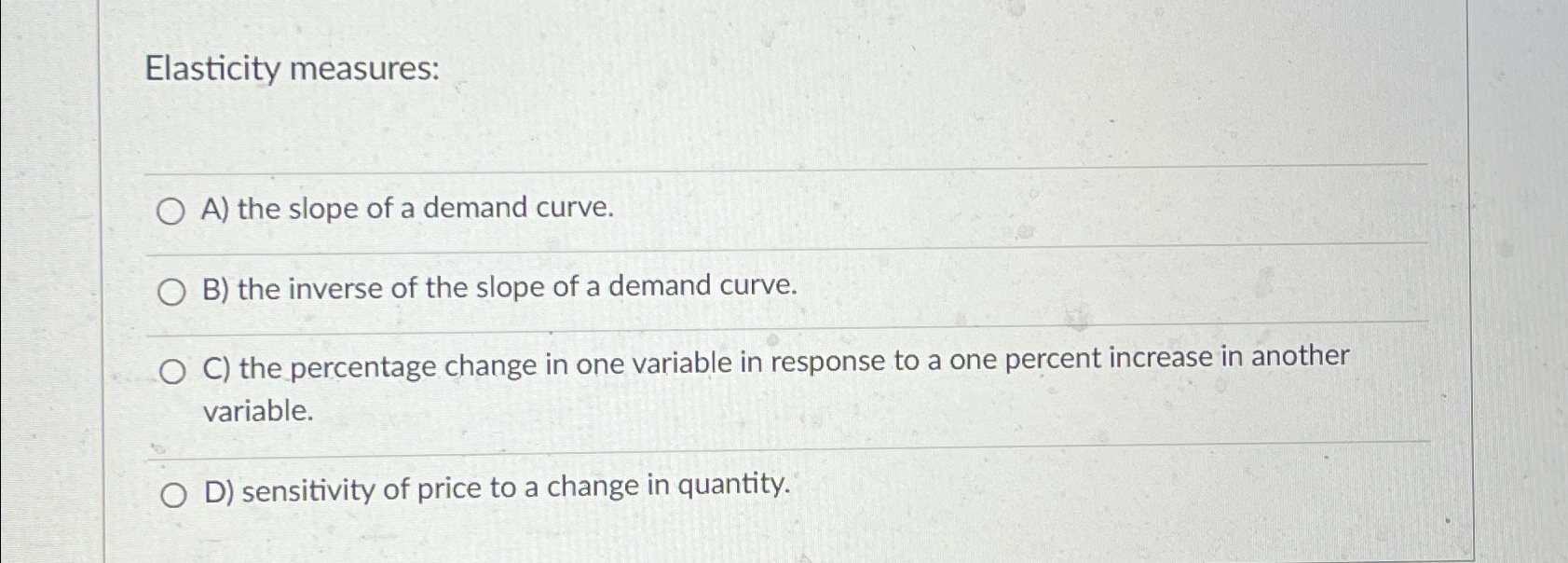 Solved Elasticity measures:A) ﻿the slope of a demand | Chegg.com