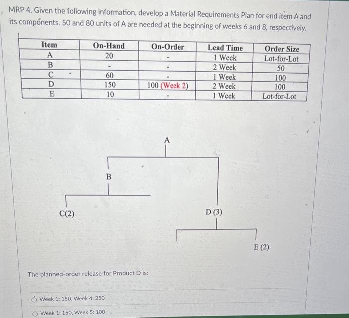 Solved MRP 4. Given the following information, develop a | Chegg.com