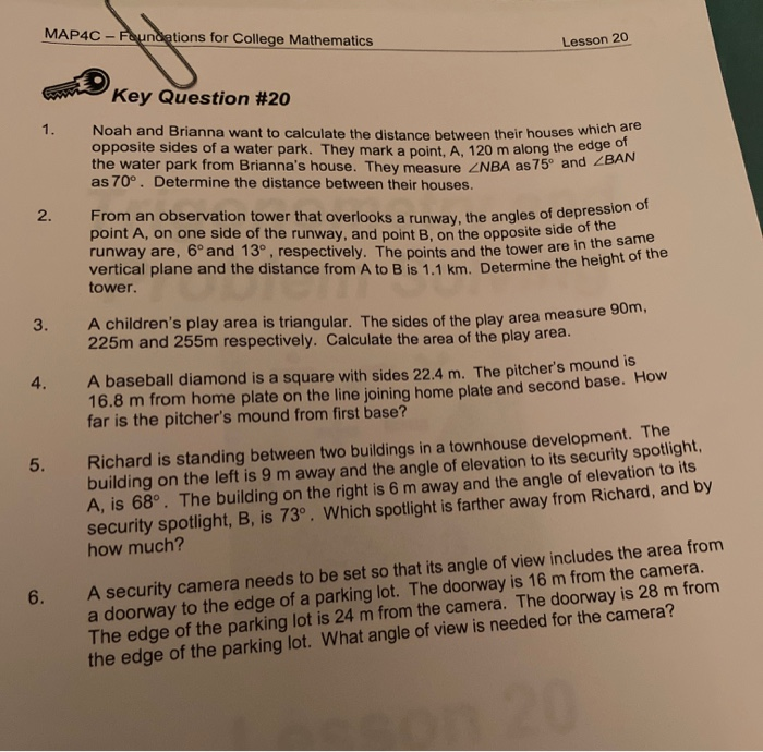 Solved MAP4C - Foundations for College Mathematics Lesson 20 | Chegg.com