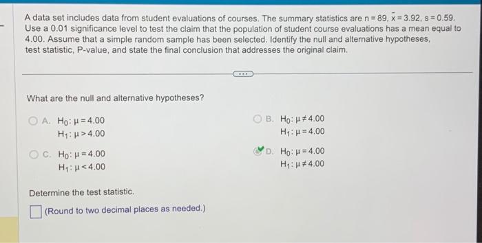 Solved A data set includes data from student evaluations of | Chegg.com
