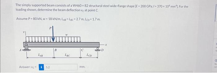 Solved The simply supported beam consists of a W460 82 | Chegg.com