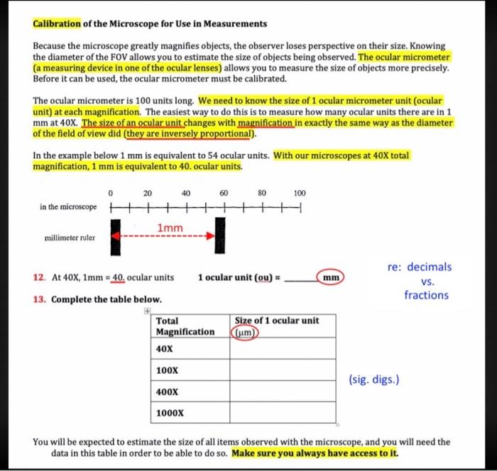 Solved Calibration of the Microscope for use in Measurements | Chegg.com