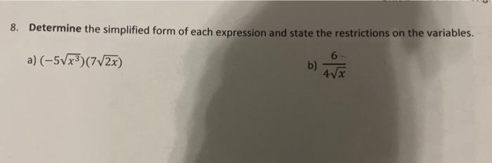 Solved 8. Determine the simplified form of each expression | Chegg.com