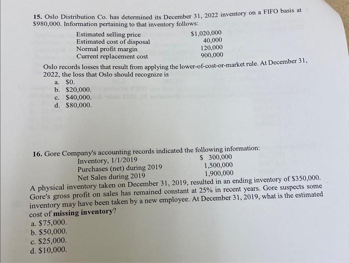 Solved 15. Oslo Distribution Co. has determined its December | Chegg.com